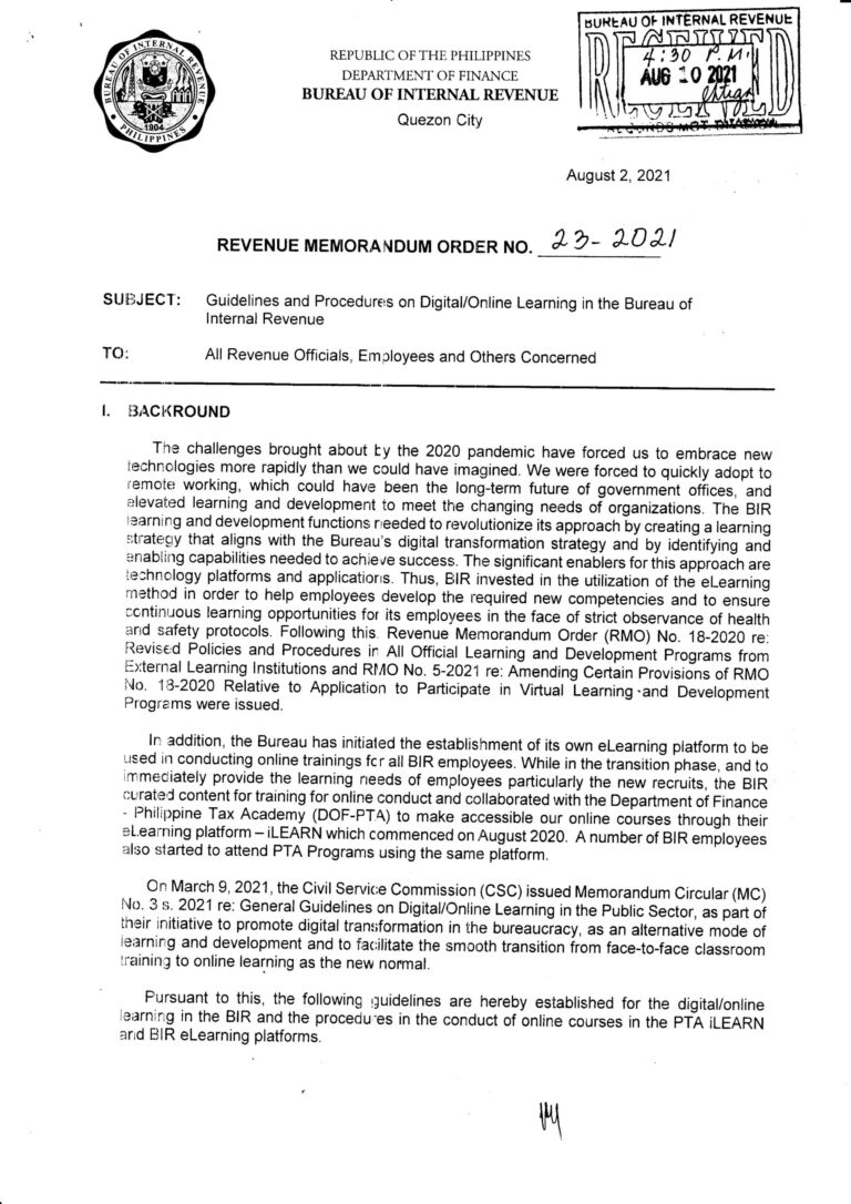 Bureau of Internal Revenue (BIR) BIR RMO No. 23-2021