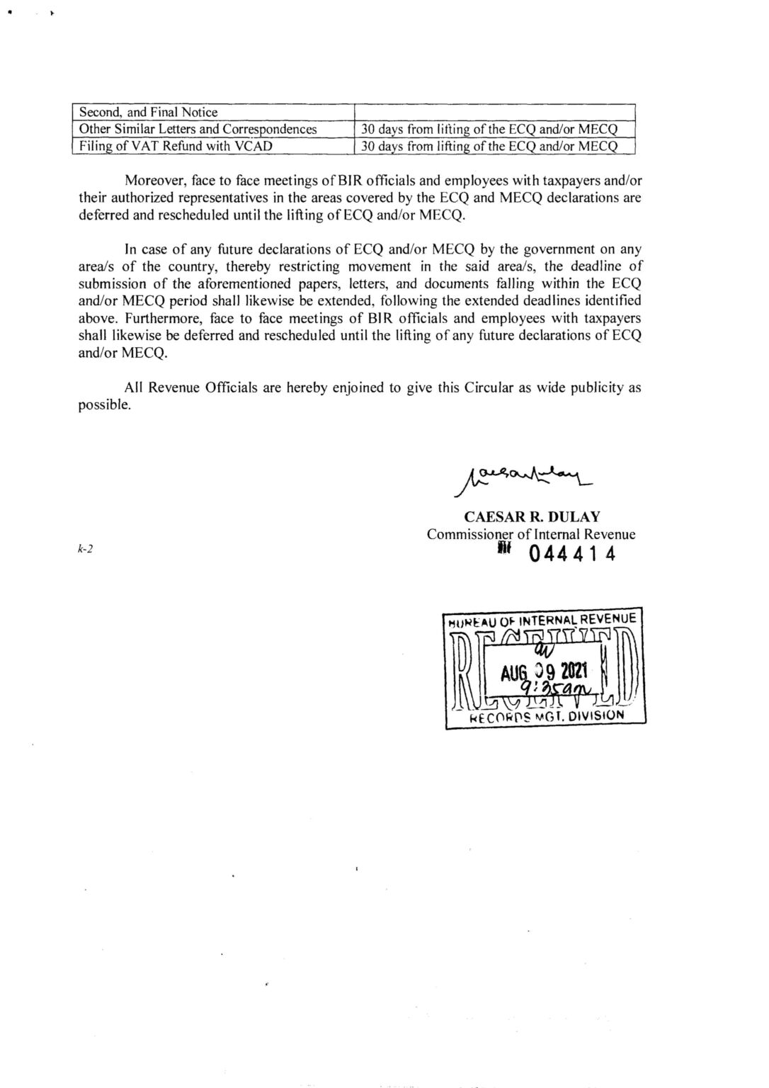 Bureau of Internal Revenue (BIR) BIR RMC No. 92-2021