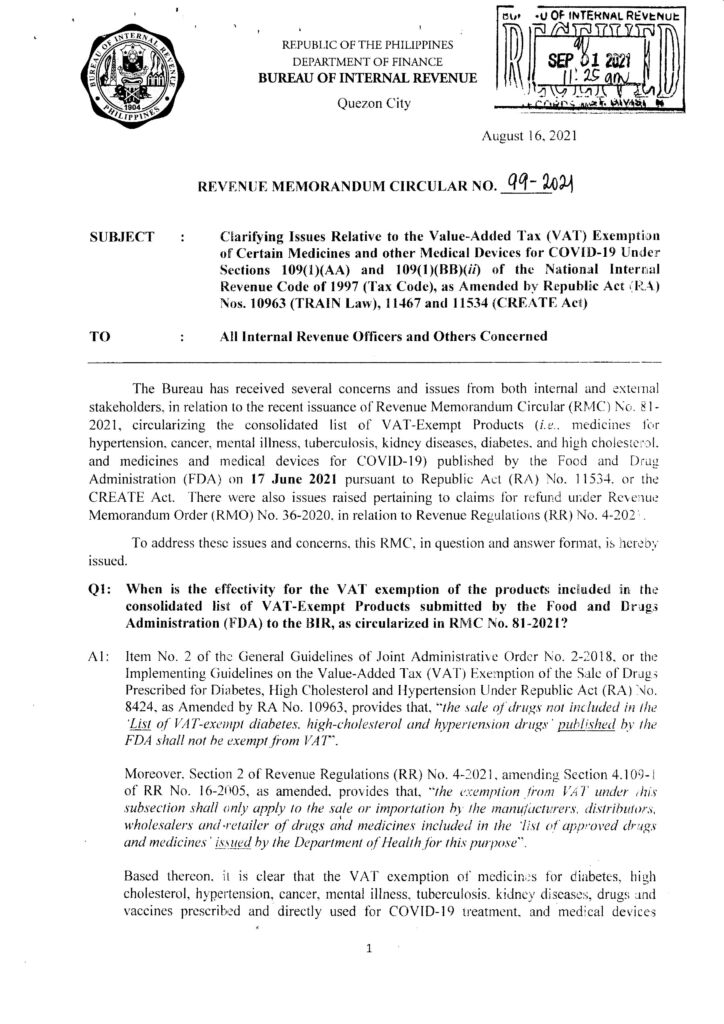 Bureau of Internal Revenue (BIR) RMC No. 99-2021