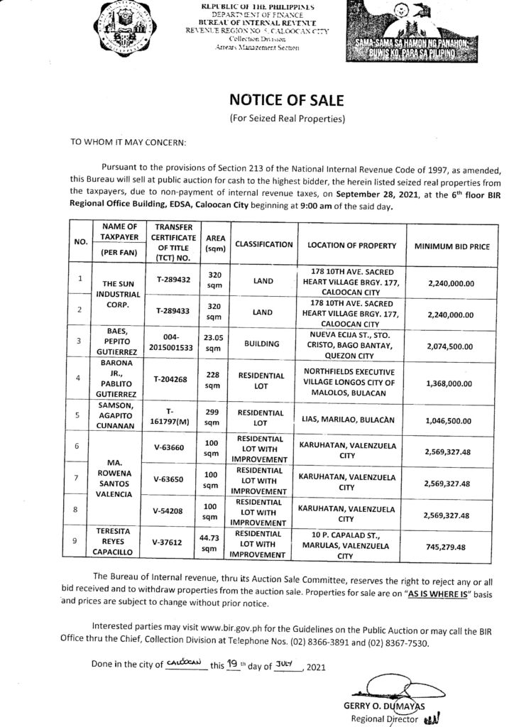 Bureau of Internal Revenue (BIR) Notice of Sale