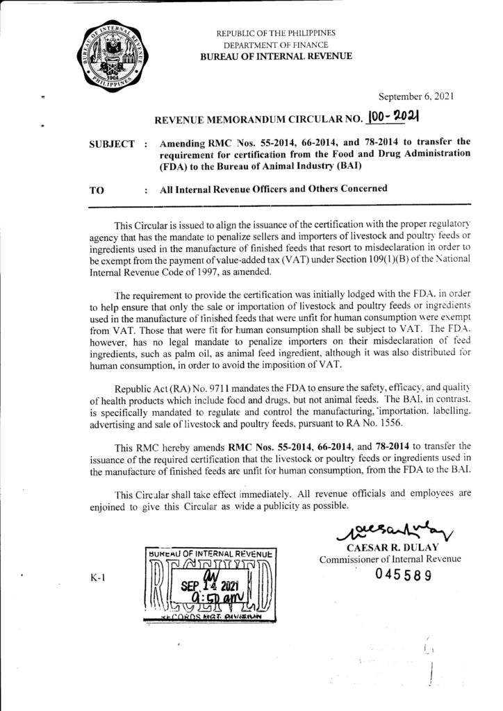 Bureau of Internal Revenue (BIR) RMC No. 100-2021