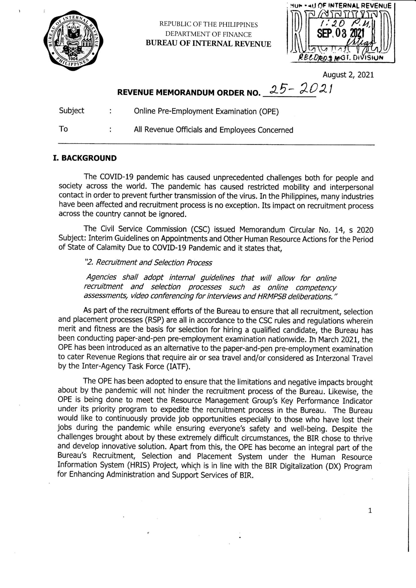 Bureau of Internal Revenue (BIR) RMO No. 25-2021